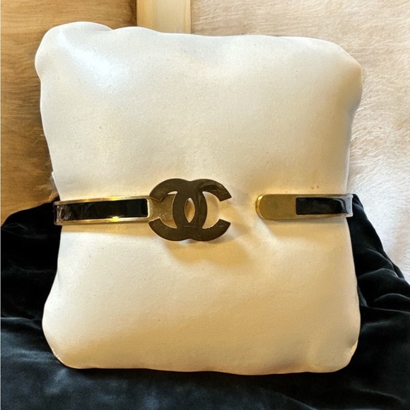 CHANEL | Jewelry | Cc Gold And Black Cuff Clamp Bracelet | Poshmark